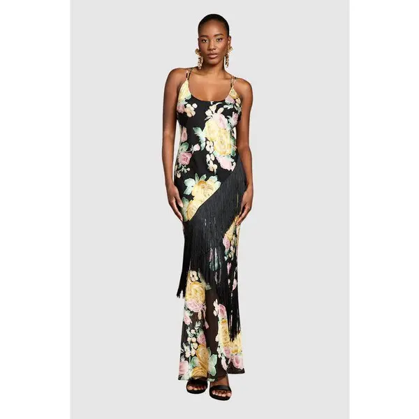 Coast Strappy Floral Fringe Maxi Dress - Black