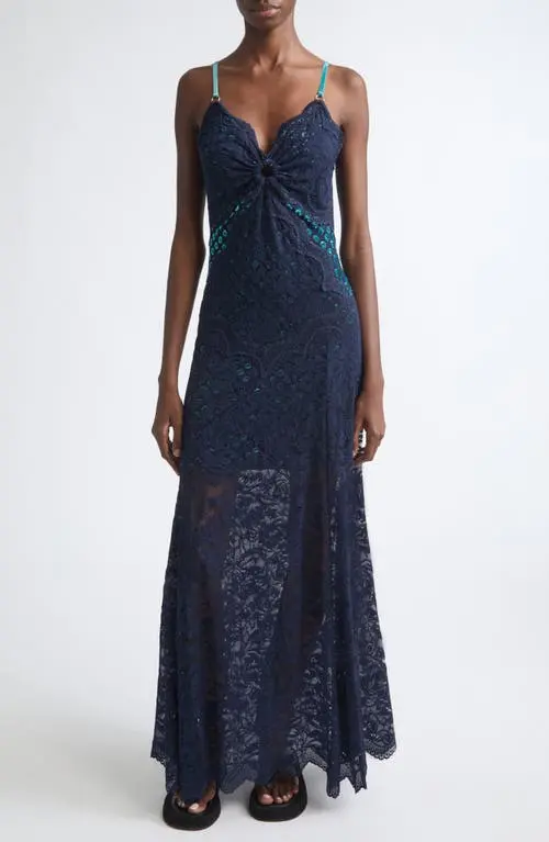 Rabanne Embroidered Stretch Lace Maxi Dress - Deep Navy