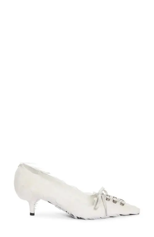 Prada Embellished Lace-up Kitten Heel Pumps - Bianco