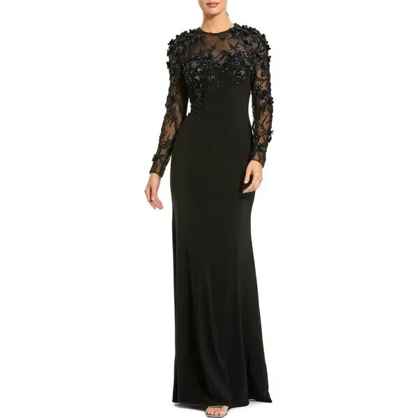 Mac Duggal Petite Jersey Long Sleeve Fitted Gown