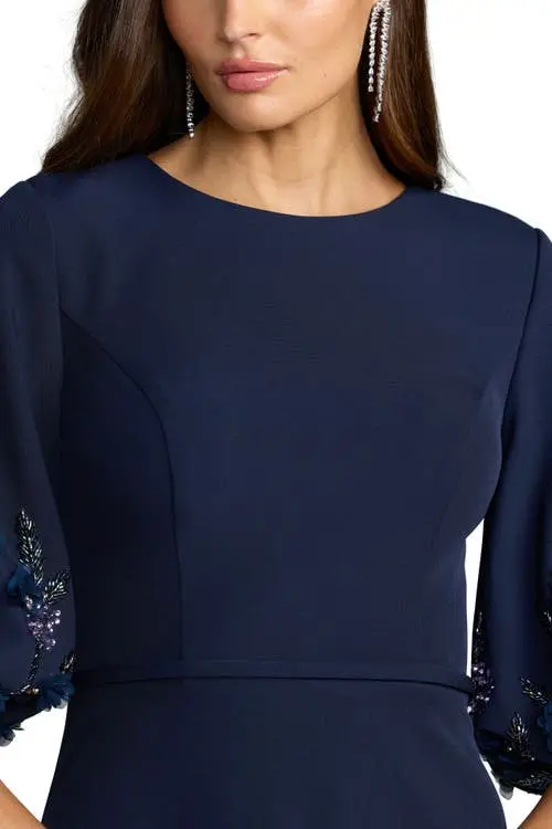 Mac Duggal Beaded Crepe Bishop Sleeve A Line Gown