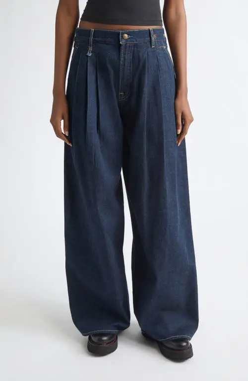 R13 Triple Pleated Wide Leg Jeans In Dark Wash Denim - Rinse Selvedge Indigo