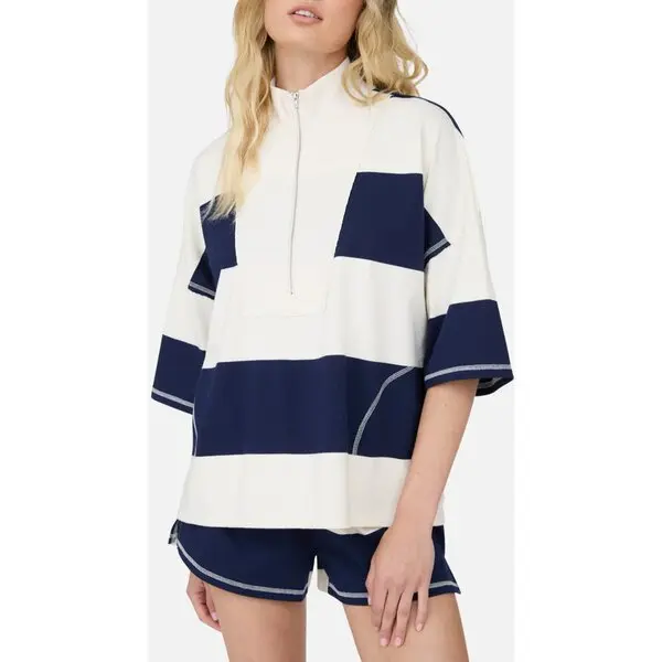 J.O.A. Stripe Half Zip Top & Shorts Set - Navy