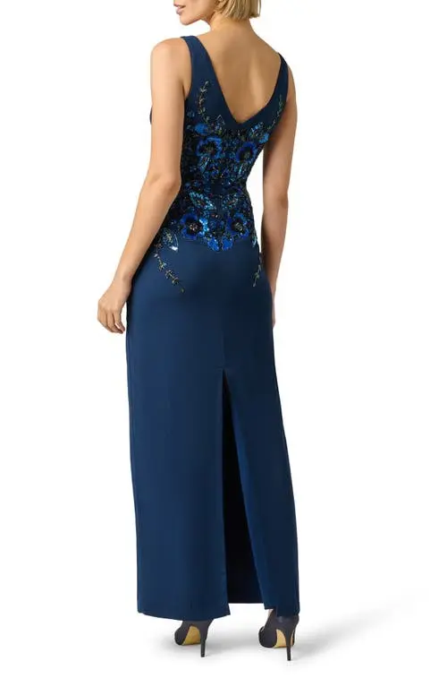 Adrianna Papell Beaded Crepe Column Gown