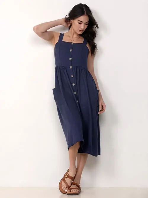 SINGLE STITCH Button Front Midi Dress - Navy