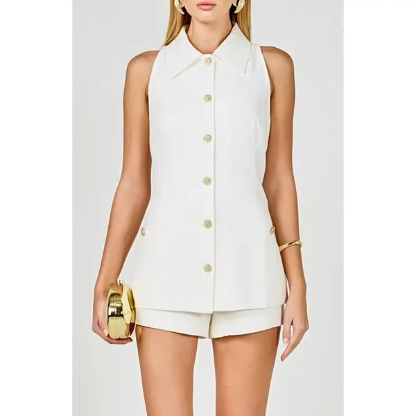 Endless Rose Sleeveless Linen Blend Shirt - White