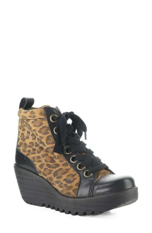 Fly London Lufe Platform Wedge Bootie - Black/camel