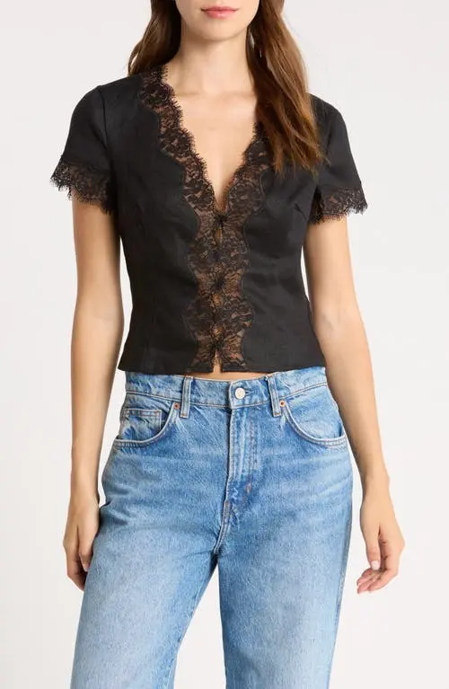 REFORMATION Brynn Lace Trim Linen Crop Top - Black