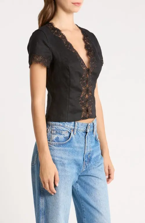 REFORMATION Brynn Lace Trim Linen Crop Top - Black