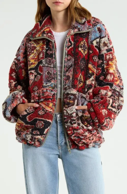 BDG URBAN OUTFITTERS Mae Print Fleece Zip Front Sweatshirt - Red
