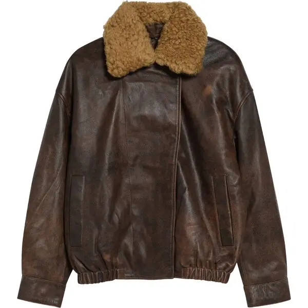 R13 Leather Bomber Jacket With Removable Genuine Shearling Collar