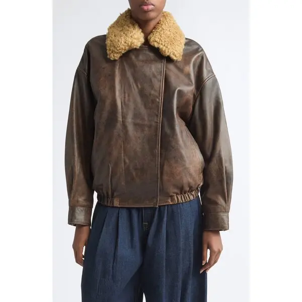 R13 Leather Bomber Jacket With Removable Shearling Collar - Brown