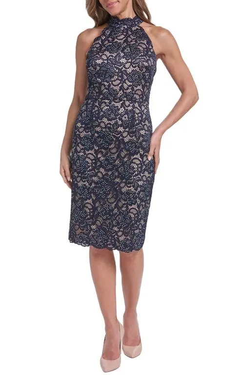 Eliza J Lace Mock Neck Sleeveless Sheath Dress - Navy Tan