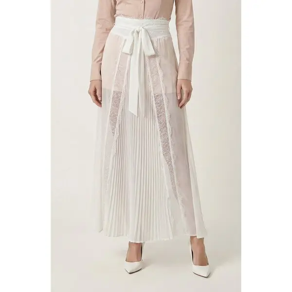 MODENAIRE Sheer Lace Panel Pleated Maxi Skirt