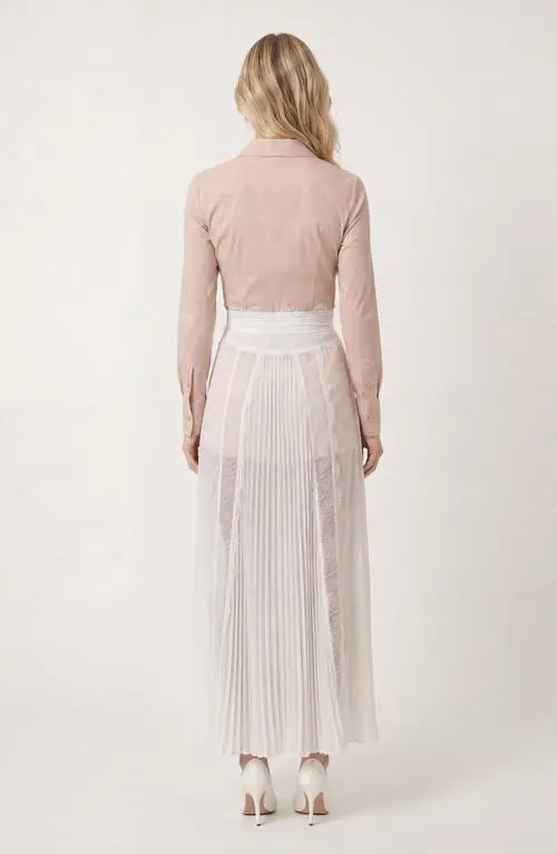 MODENAIRE Sheer Lace Panel Pleated Maxi Skirt