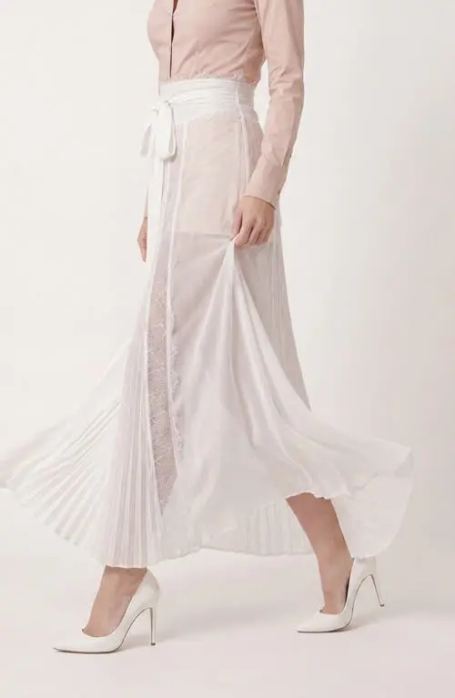 MODENAIRE Sheer Lace Panel Pleated Maxi Skirt