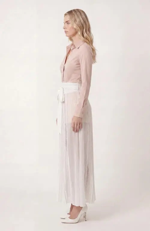 MODENAIRE Sheer Lace Panel Pleated Maxi Skirt