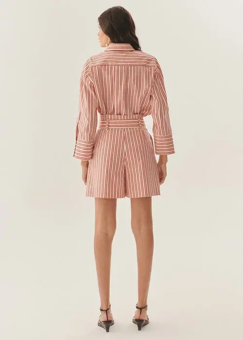 EXQUISE Raegan Striped Belted High-waisted Shorts