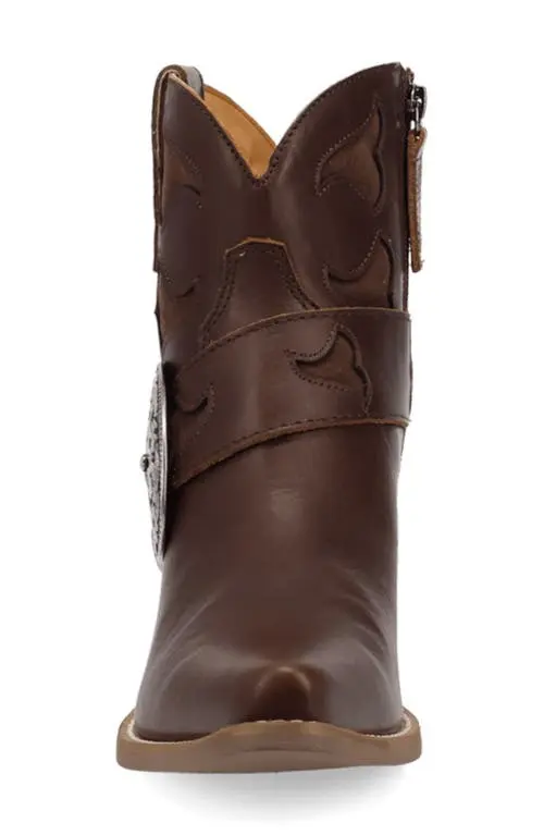 DINGO Saddle Up Western Boot With Etched Floral Buckle Hardware - Brown