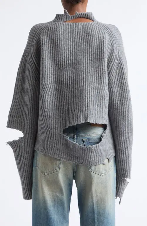 HAIKURE Distressed Ribbed Mock Neck Merino Wool Sweater - Grey