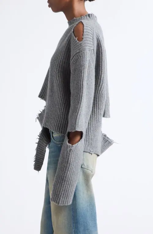 HAIKURE Distressed Ribbed Mock Neck Merino Wool Sweater - Grey