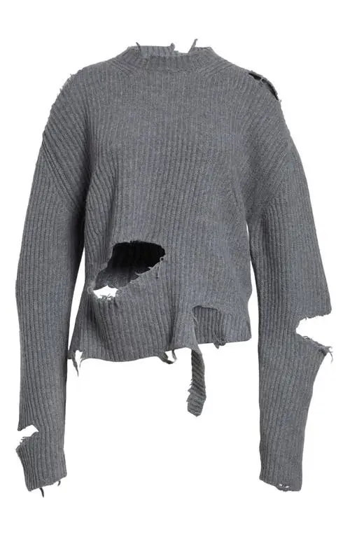 HAIKURE Distressed Ribbed Mock Neck Merino Wool Sweater - Grey