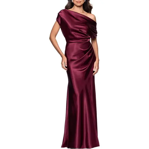 Betsy & Adam One-shoulder Satin Gown - Burgundy