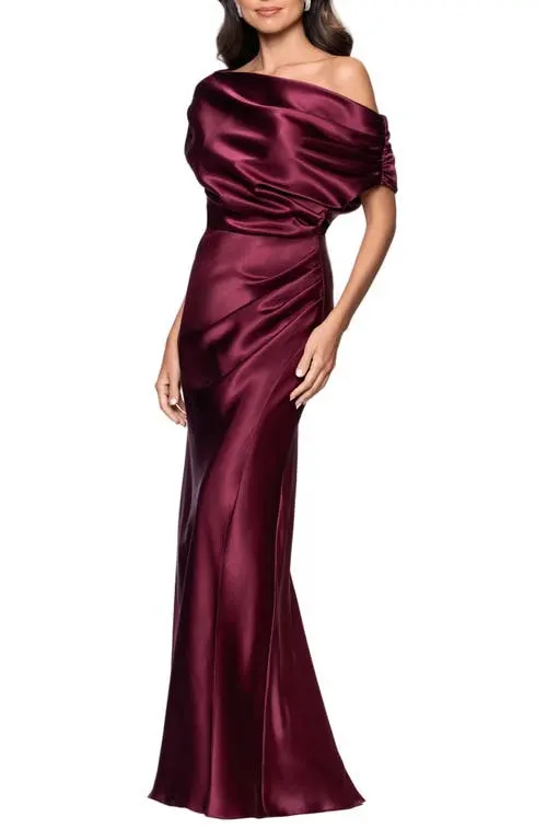 Betsy & Adam One-shoulder Satin Gown - Burgundy