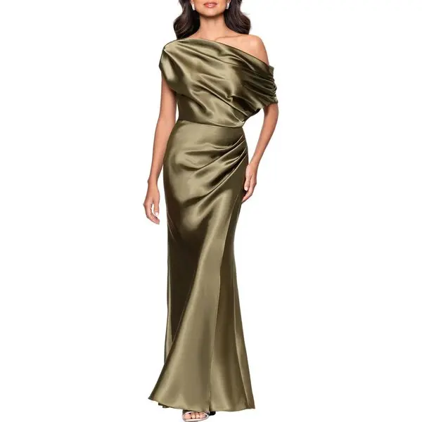 Betsy & Adam One-shoulder Satin Gown - Olive