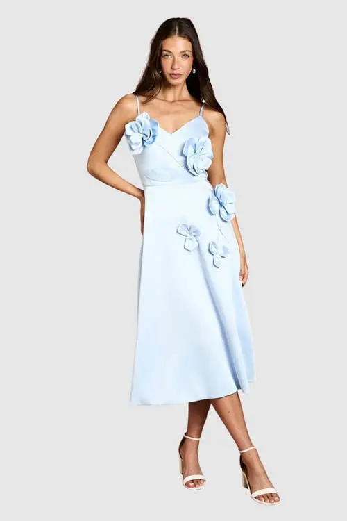 Coast Corsage Detail Satin Midi Dress - Light Blue