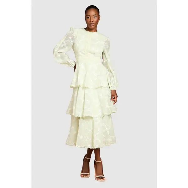 Coast Long Sleeve Embroidered Lace Tiered Midi Dress - Sage