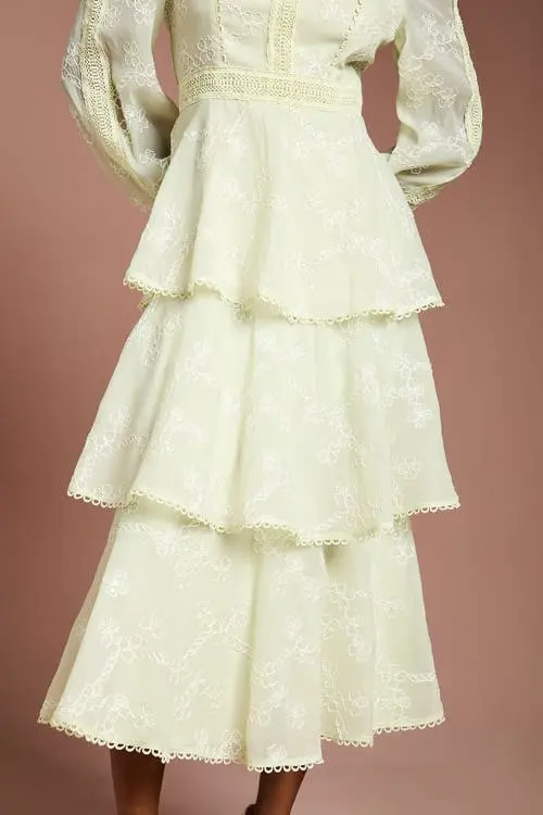 Coast Long Sleeve Embroidered Lace Tiered Midi Dress