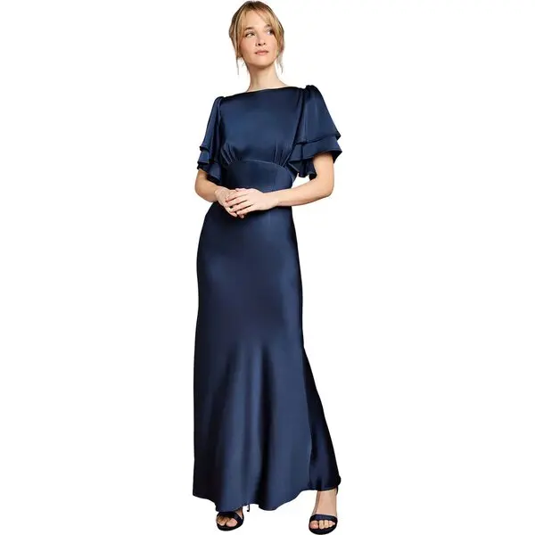 Coast High Neck Flutter Sleeve Maxi Dress - Navy