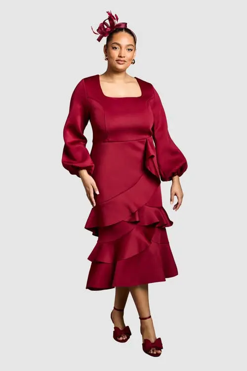 Coast Plus Square Neck Balloon Sleeve Ruffle Midi Dress - Berry