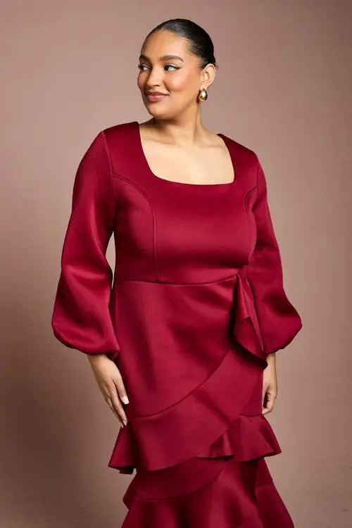 Coast Plus Square Neck Balloon Sleeve Ruffle Midi Dress