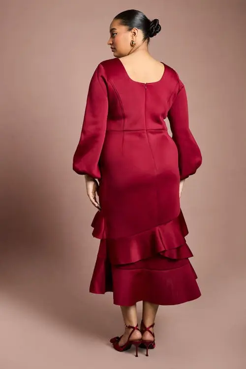 Coast Plus Square Neck Balloon Sleeve Ruffle Midi Dress
