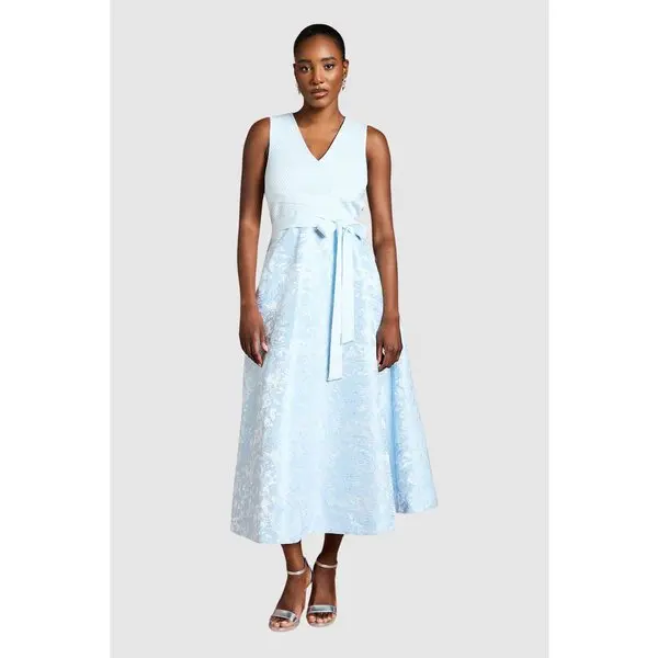 Coast V-neck Jacquard Midi Dress - Light Blue