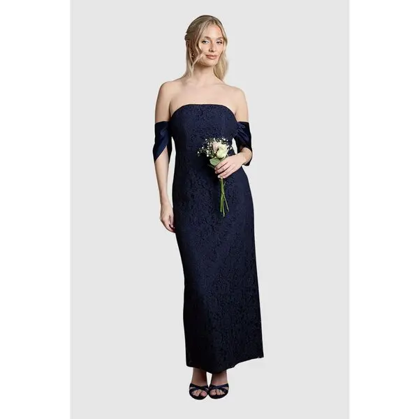 Coast Bardot Neck Short Sleeve Lace Maxi Dress - Navy