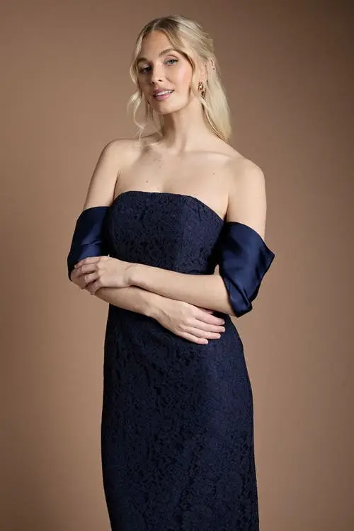 Coast Bardot Neck Short Sleeve Lace Maxi Dress - Navy