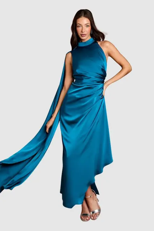 Coast Satin Ruched Waist Cap Midi Dress - Teal