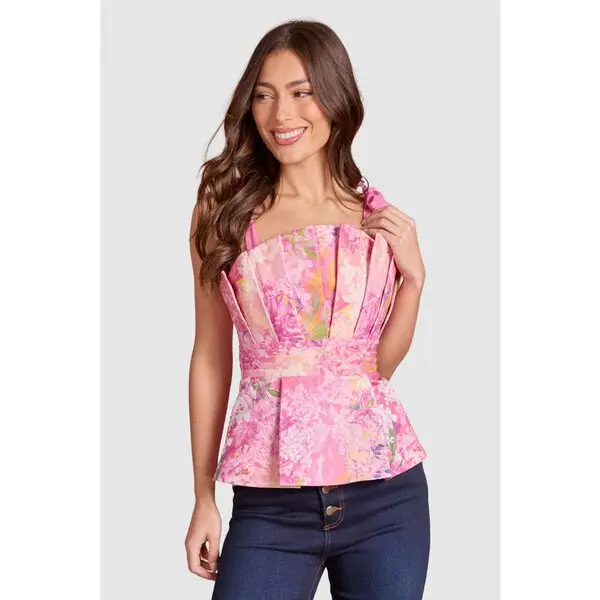 Coast Bow Shoulder Printed Peplum Top - Pink