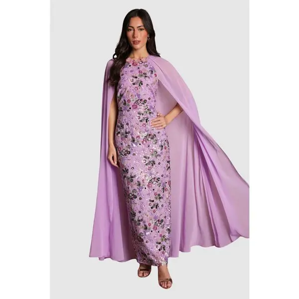 Coast Mesh Floral Embellished Cape Maxi Dress - Purple