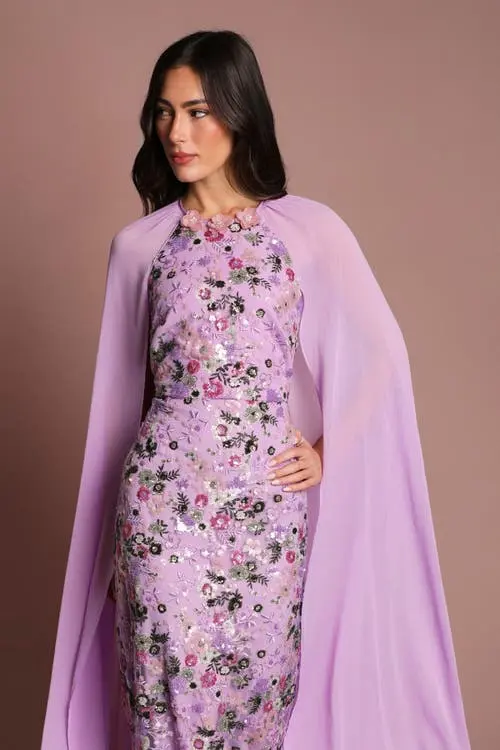 Coast Mesh Floral Embellished Cape Maxi Dress