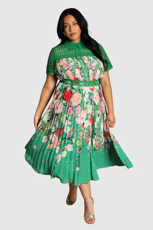 Coast Plus Lace Embellished Floral Pleated Midi Dress - Green