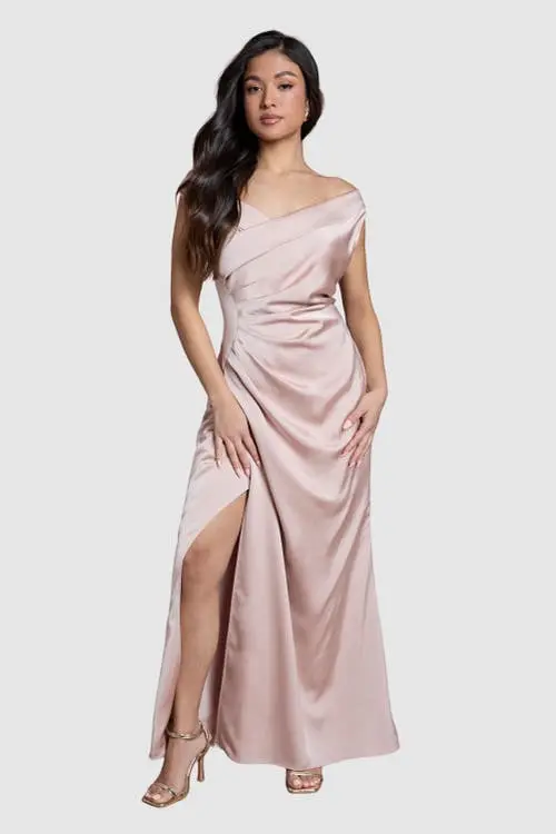 Coast Petite Bardot Maxi Dress With Draped Waist - Mocha
