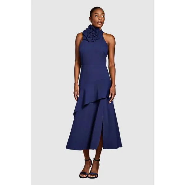 Coast High Neck Corsage Midi Dress - Navy