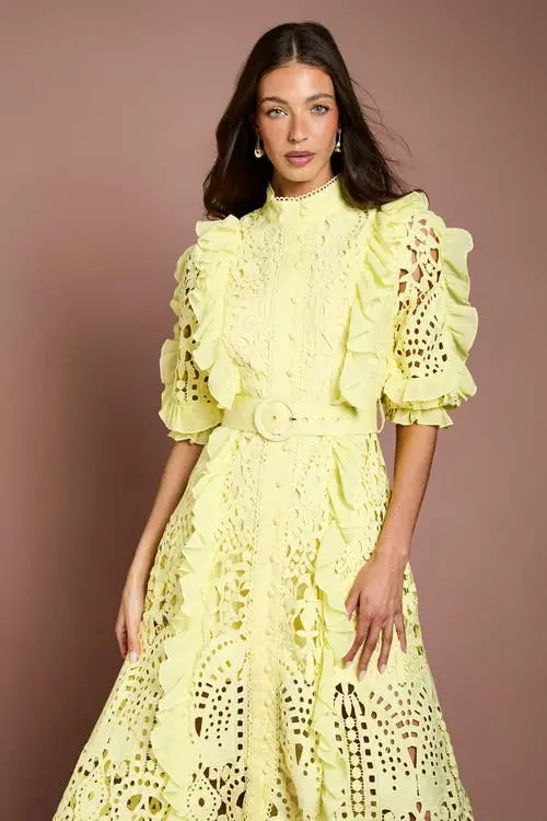 Coast Lace Ruffle Belted Shirt Dress - Yellow