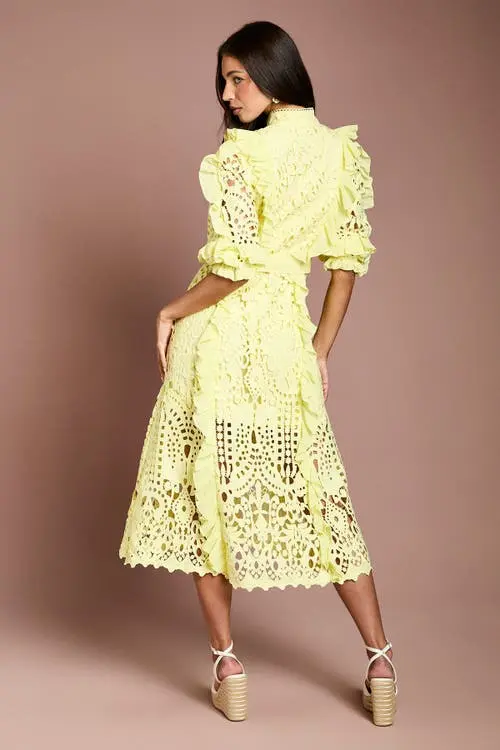 Coast Lace Ruffle Belted Shirt Dress - Yellow