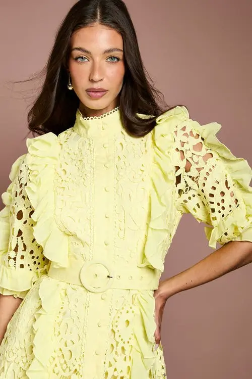 Coast Lace Ruffle Belted Shirt Dress - Yellow