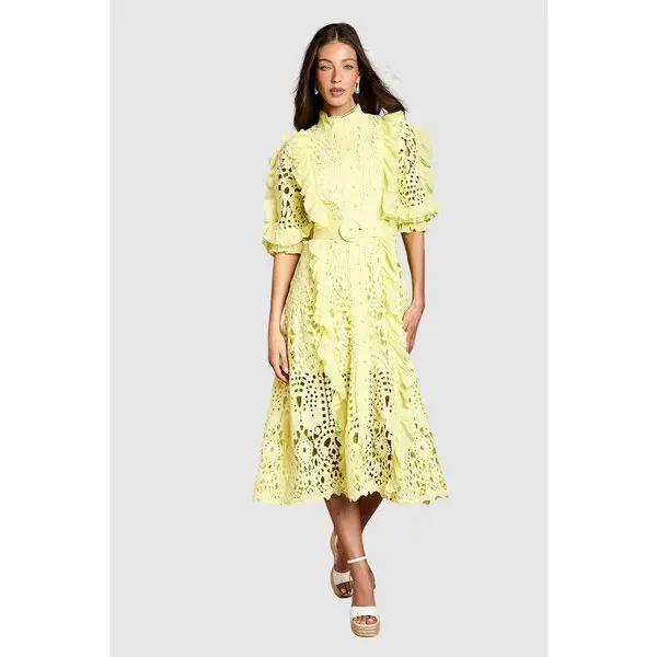 Coast Lace Ruffle Belted Shirt Dress - Yellow